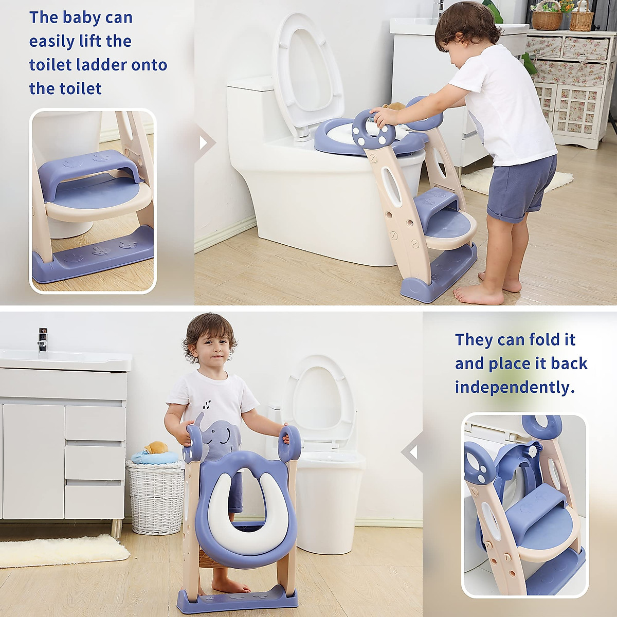 Potty Training Seat with Ladder, Toddler Toilet Seat with Double Step Stools, Newest Potty Training Toilet with Anti-Slip and Mushroom Shape Design for Kids Boys and Girls(Blue)