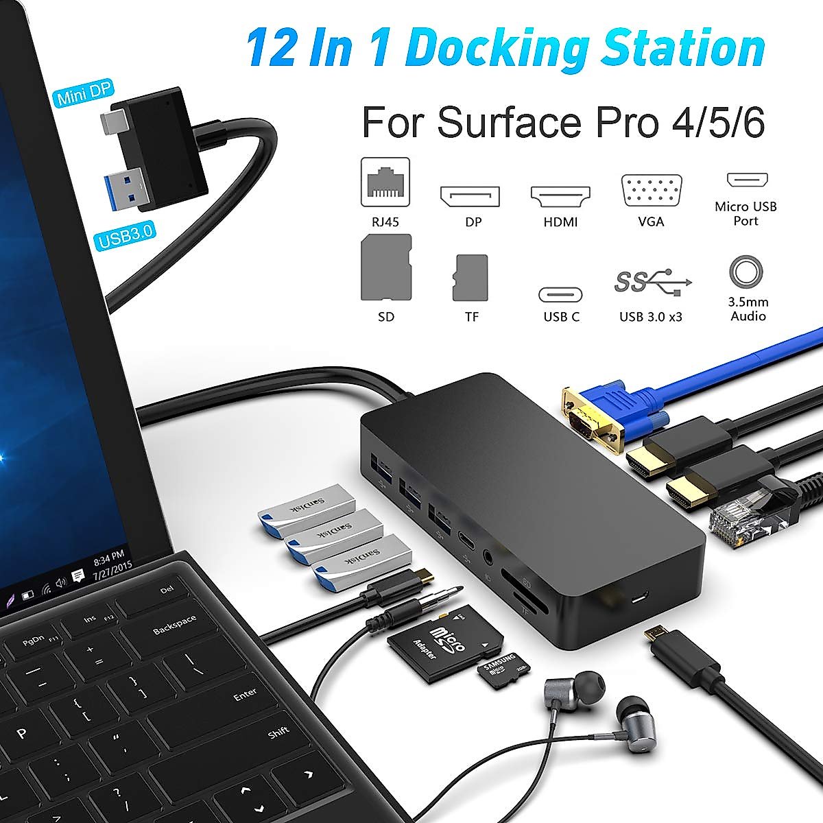 12 in 1 Surface Dock (2*HDMI +VGA), Microsoft Surface pro Docking Station Triple Display (Surface-Dock-701)