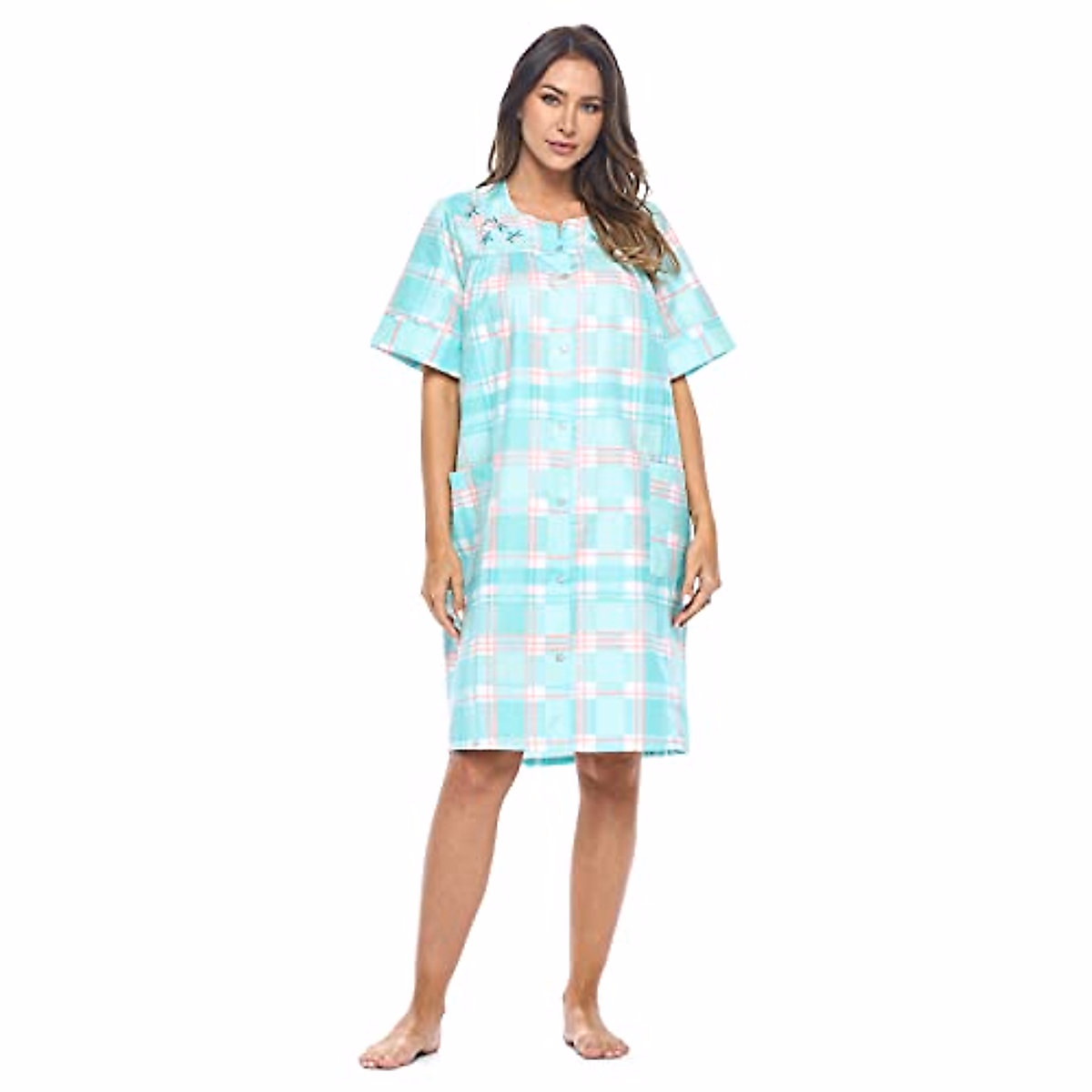 Casual Nights Women's Snap - Front House Dress Short Sleeve SeerSucker Woven Housecoat Duster Lounger Robe with Pockets, Plaid Mint, X-Large