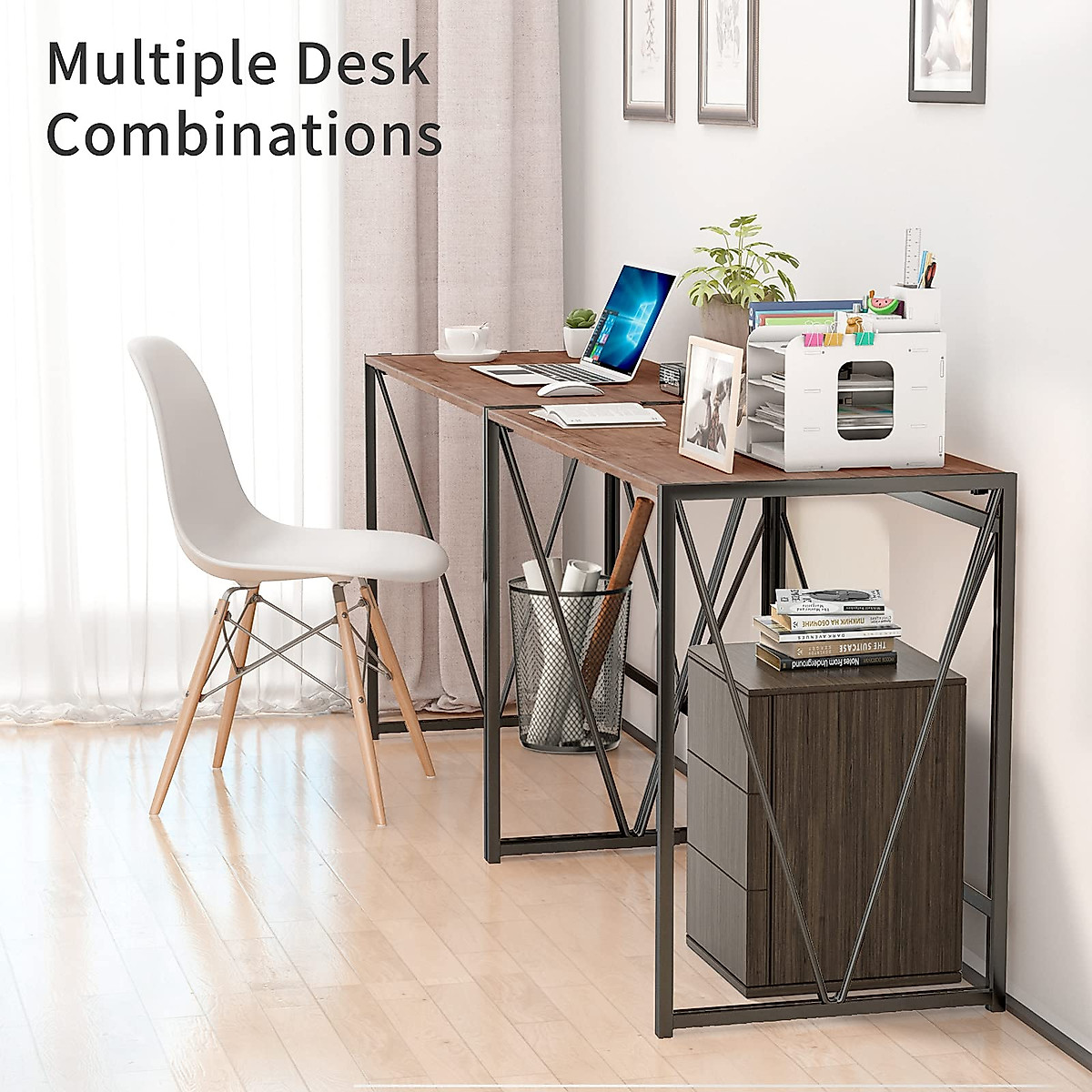 NOBLEWELL 39 inch Grained Brown Folding Computer Desk Table for Home Office