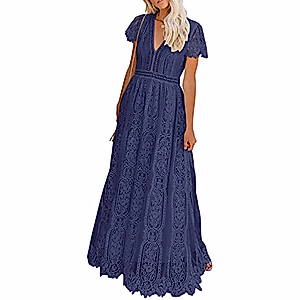 MEROKEETY Women's V Neck Short Sleeve Floral Lace Wedding Dress Bridesmaid Cocktail Party Maxi Dress Navy