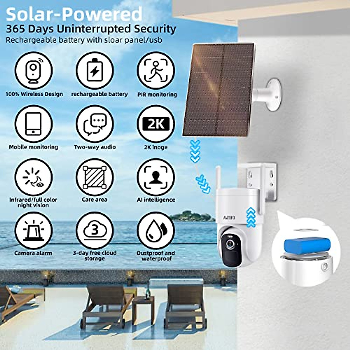 AMTIFO Security Camera Wireless Outdoor Solar Powered: 2K WiFi Home Outdoor Camera with Solar Panel Color Night Vision Outside Camera with Audio Motion Detection System