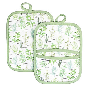 Sage+Stitch Heat Resistant Designer Pot Holders with Hand Pockets and Hanging Loops | Set of 2 100% Cotton Dual Function Kitchen Pot Holders and Trivets | 7'' x 9'' | Green Herbs