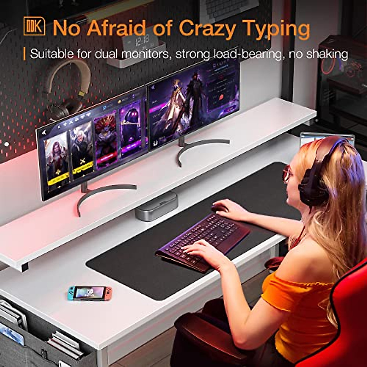 ODK Computer Desk with Adjustable Monitor Shelves, 63 inch Home Office Desk with Monitor Stand, Writing Desk, Study Workstation with 3 Heights (10cm, 13cm, 16cm), White + White Leg