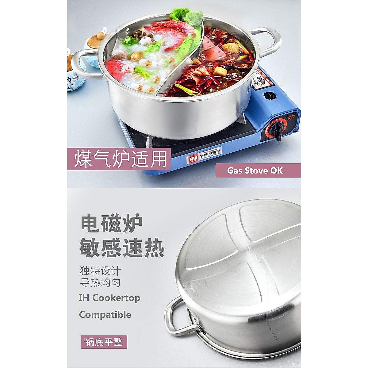 Laotesi 30cm Hot Pot with Divider, Shabu Shabu Hot Pots, LTS-12516, Food Grade Stainless Steel, Chinese Dual Sided Pot Set for Induction Cooktop, Gas Stove & Electric Stove