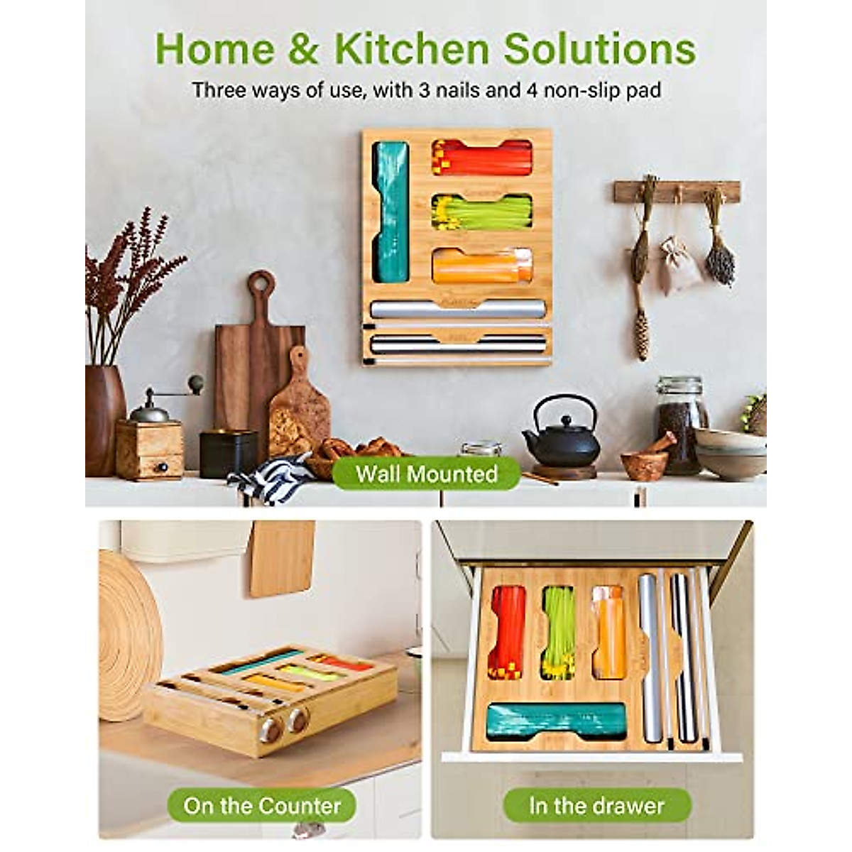 KOCWELL Bag Storage Organizer and Plastic Wrap Dispenser with Cutters, 2 Foil and Plastic Wrap Organizer, 4 Ziplock Bag Holder for Gallon, Quart, Sandwich Snack Variety Size Bags, Bamboo