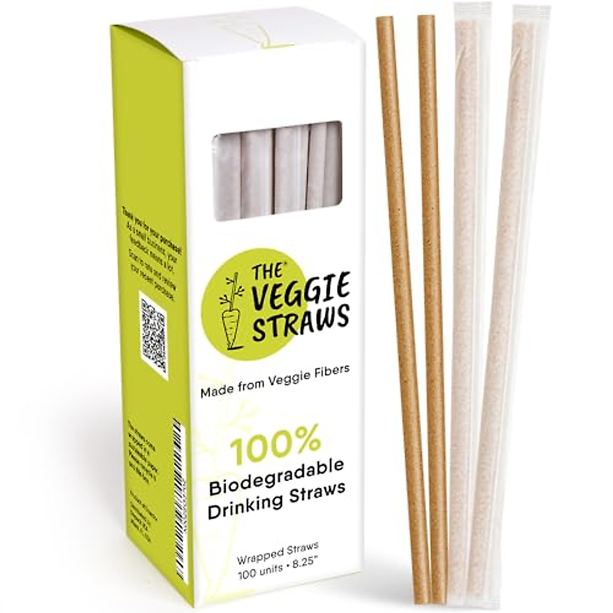 100% Biodegradable Eco-Friendly Wrapped Straws, 100ct – 8.25"H, Made of Vegetable Fibers