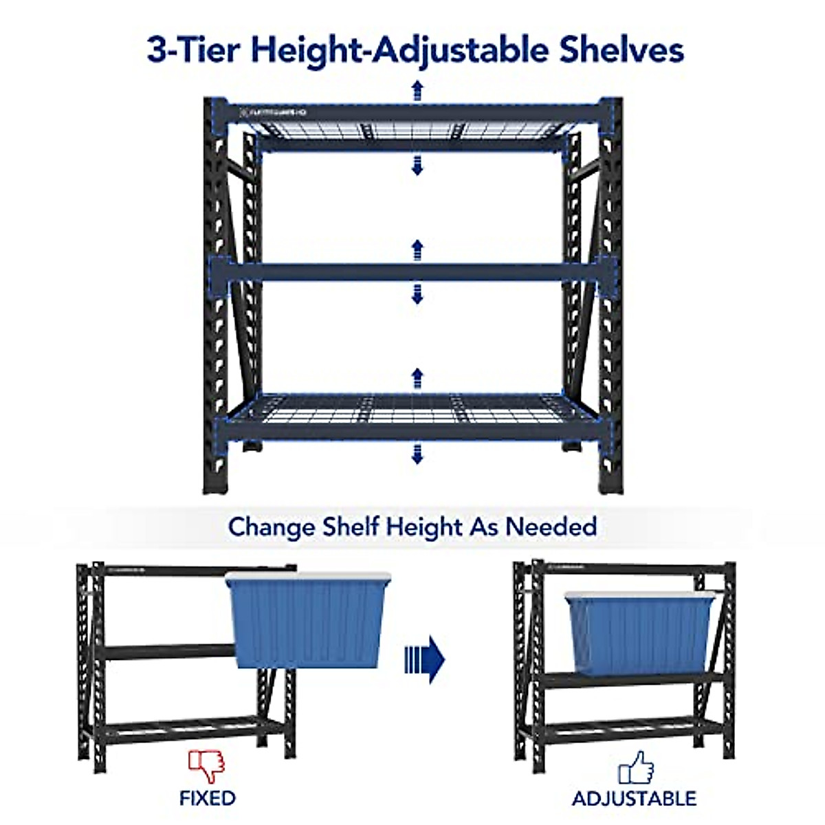 FLEXIMOUNTS Garage Shelving, 3-Tier Adjustable Shelf, 4650 lbs Weight Capacity Storage Rack, 2 x 4 ft, Heavy Duty Industrial Metal Shelving