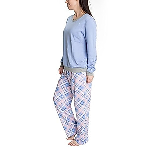 Hanes Women's Holiday Hibernation Longsleeve Top and Pajama Bottom French Terry Sleep and Lounge Set, Blue/Sugar Plaid, Large