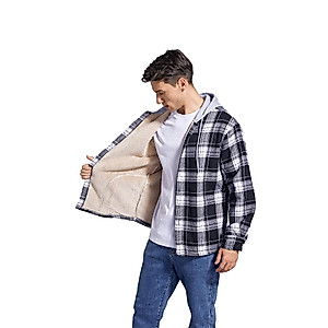Derbars Men's Cotton Plaid Shirts Jacket Fleece Lined Flannel Shirts Sherpa Button Down Jackets with Hood for Men Black X-Large