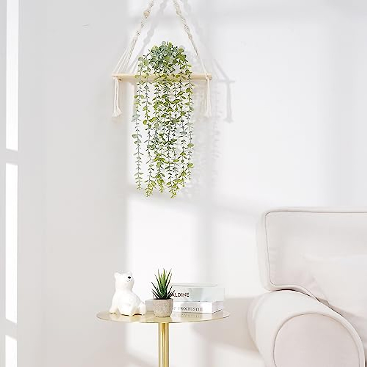 BLEUM CADE Fake Hanging Plants, 1pcs Sage Green Artificial Hanging Potted Plant, Faux Eucalyptus Hanging Plant Greenery for Wall Shelf Home Living Room Indoor Outdoor Decor