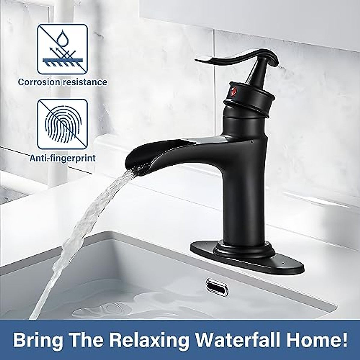 NeierThodore Waterfall Brass Bathroom Faucet Single-Handle One Hole Vanity Sink Faucet Vessel Faucet Basin Mixer Tap with Deck Plate,Matte Black