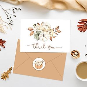 Whaline 50 Pack Fall Thank You Cards Bulk Watercolor Autumn Floral Pumpkin Note Cards with Envelopes Stickers Retro Blank Cards for Thanksgiving Harvest Wedding Baby Bridal Shower