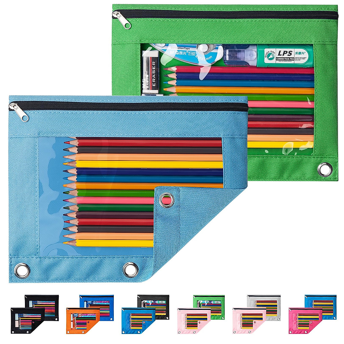 Sooez Pencil Pouch for 3 Ring Binder, 2 Pack Binder Pencil Pouch with Clear Window Pencil Bags with Zipper & Reinforced Grommets, Pencil Case for Binder Blue & Green