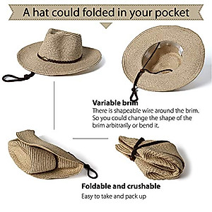 Womens Straw Sun Hat Classic Flat Beach Hat Mens Garden Hat Cowboy Style Hat with Wind Lanyard UPF 50+ Summer Hat Beige