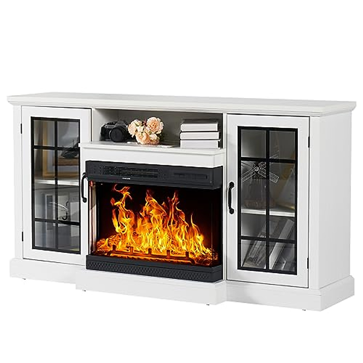 oneinmil Fireplace TV Stand with 3-Sided Glass Electric Fireplace,59'' Modern Media Entertainment Center with Farmhouse Glass Door Storage Cabinet, TV Cabinet for TVs up to 65",for Living Room,White