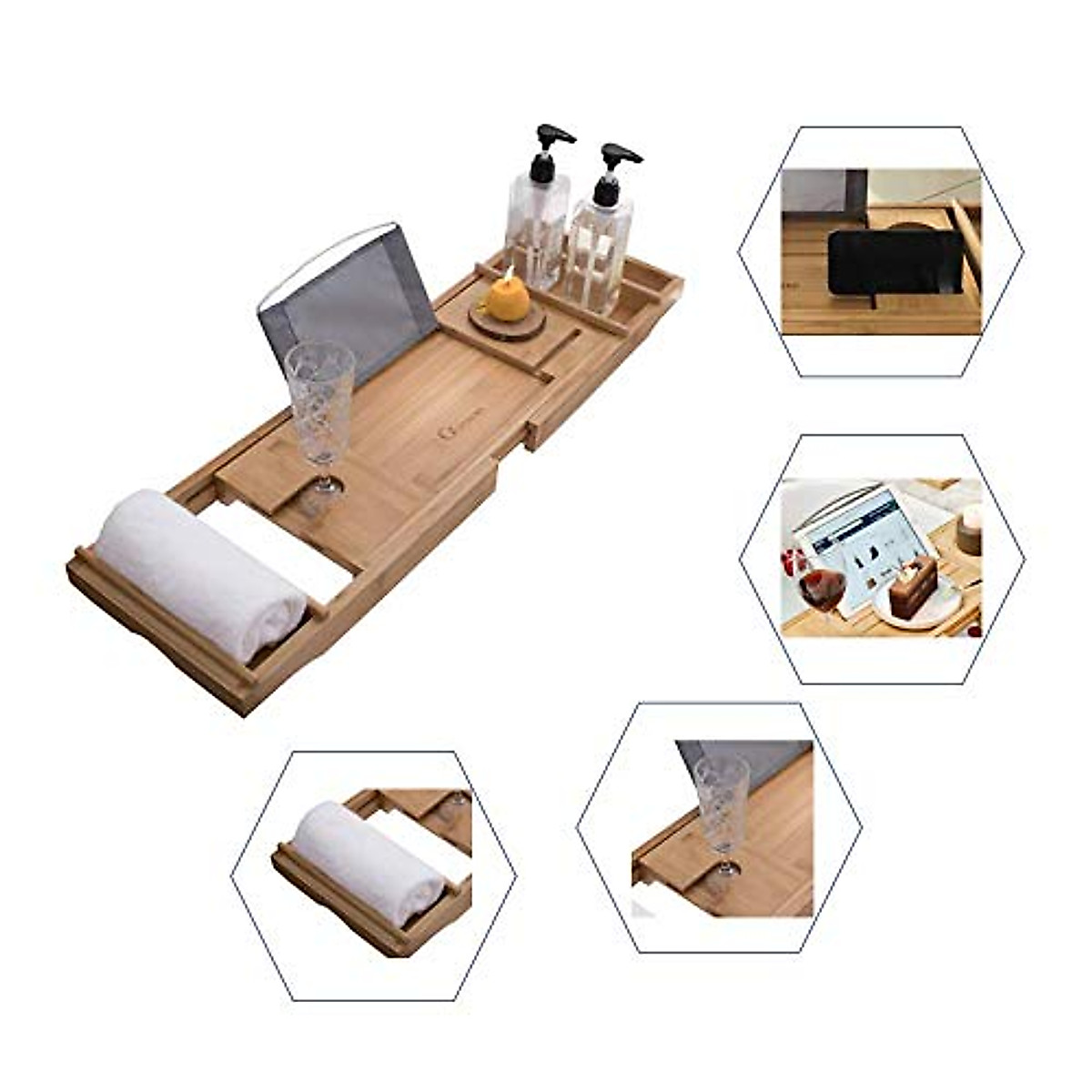 GEZITREND Luxury Bamboo Bathtub Caddy Tray Bathroom Furniture Expandable and Nonslip Bath Caddy with Book/Tablet and Wine Glass Holder Free Soap Holder Great Gift (White)