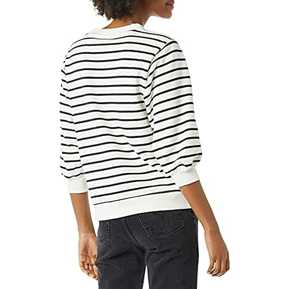Amazon Essentials Women's French Terry Fleece Sleeve Detail Crewneck Sweatshirt, Black White Stripe, Large