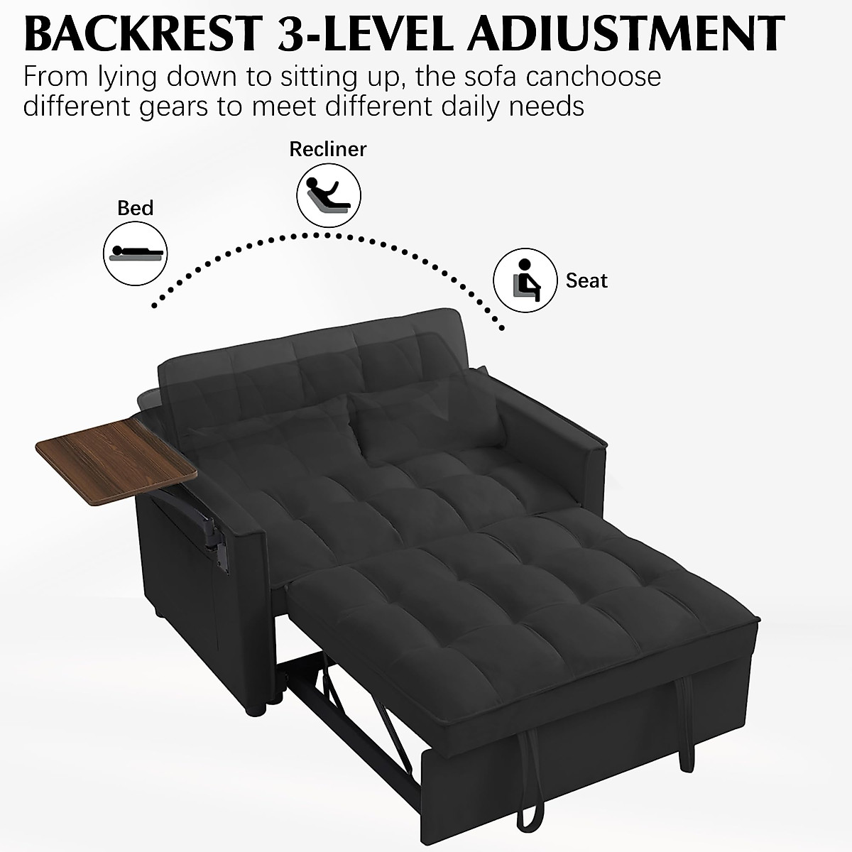 SPOWAY 3 in 1 Sleeper Sofa Couch Bed, Modern Velvet Convertible Sofa Bed with Adjustable Backrest & 2 Pillows, Hidden Side Table, Pull-Out Sofa Bed for Living Room Bedroom, Black