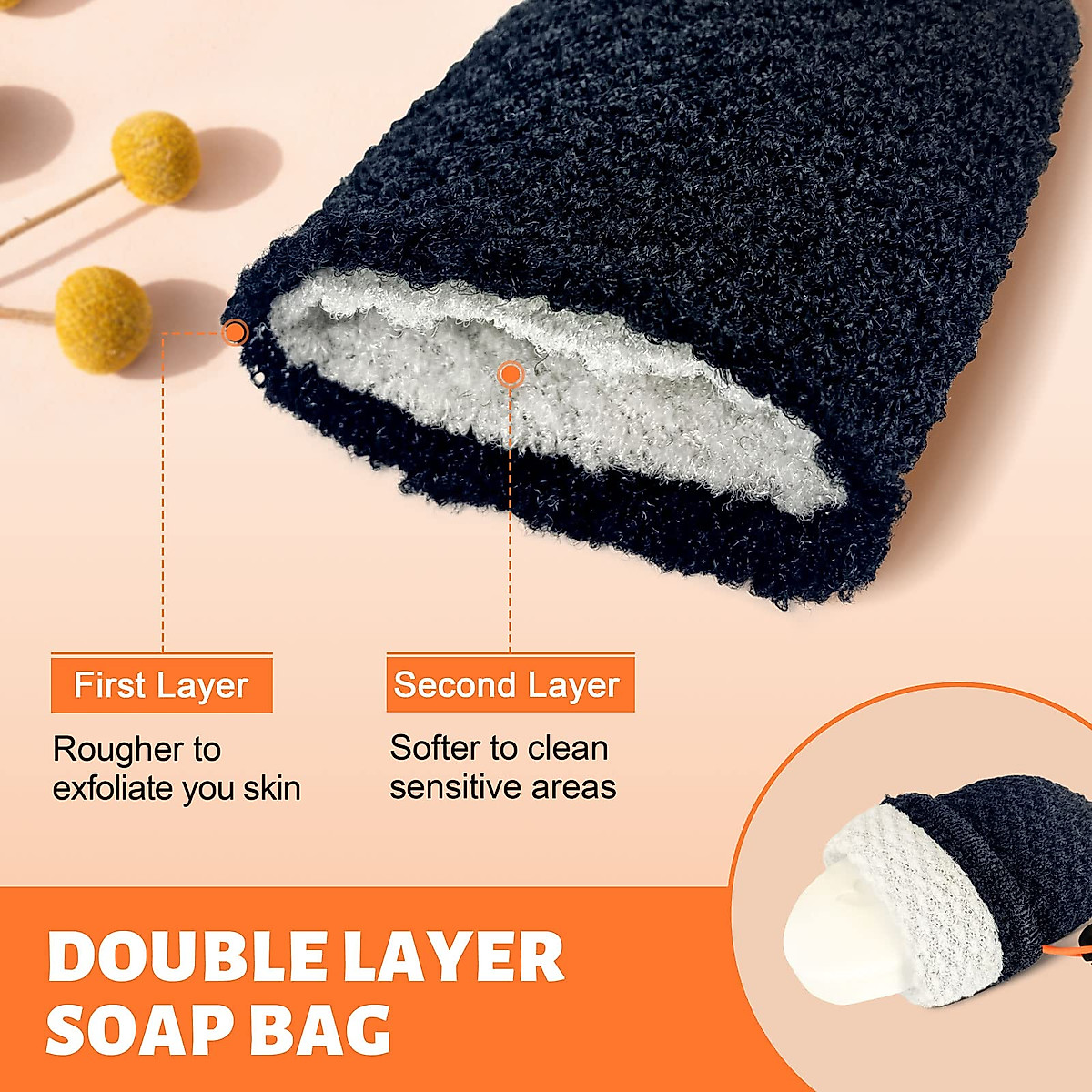 MIG4U Exfoliating Soap Bag for Shower 2 Pieces - Bar Soap Saver Pouch, Bamboo Body Scrubber Exfoliator Pocket in Travel Bathing, Black, Double Layer