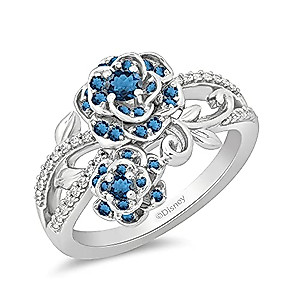 Jewelili Enchanted Disney Fine Jewelry Sterling Silver 3 MM Round London Blue Topaz and 1/6 Cttw Natural White Round Diamond Cinderella 70th Gardania Flower Ring, Size 8