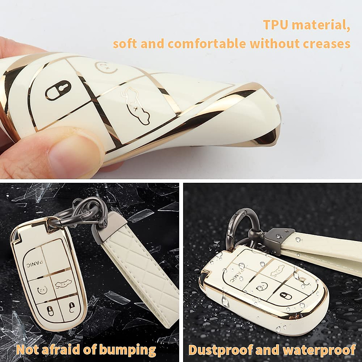 Compatible with Jeep Key Fob Cover with Keychain Grand Cherokee Renegade Chrysler Dodge RAM Journey Dart Fiat Smart Key 3 4 5 Buttons Holder - Premium Protection Car Key Case Shell, Anti-dust, White