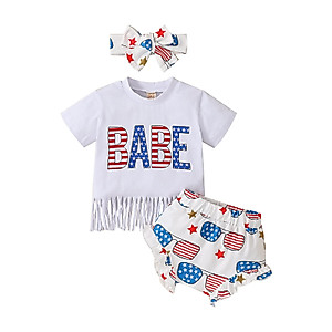 Toddler Girls Short Sleeve Independence Day 4 of July Letter Printed Tassels T Shirt Tops Infant Summer Outfit White