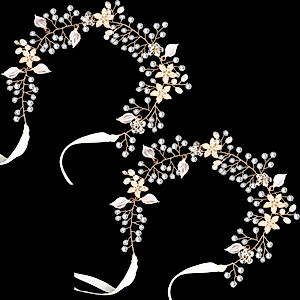 2 Pieces Elegant Gold Rhinestone Pearl Headbands with Ribbons - Flower Girl Headpieces, Hair Accessories for Toddler, Teenager Birthday Party