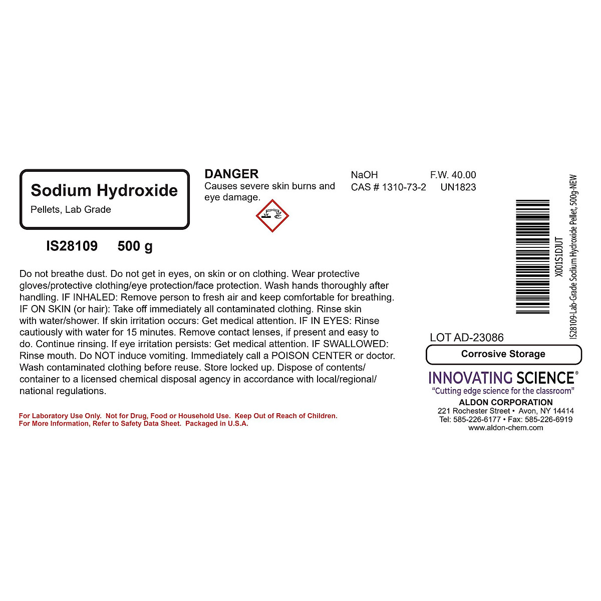 ALDON Innovating Science Laboratory-Grade Sodium Hydroxide Pellet, 500g - The Curated Chemical Collection