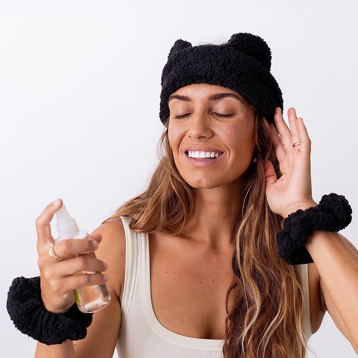 FROG SAC Spa Headband for Washing Face, Teddy Bear Skincare Makeup Headbands with Wrist Bands, Girls Fluffy Facewashing Skin Care Make Up Animal Head Band Hair Accessories for Women