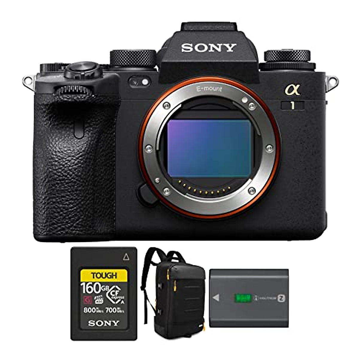 Sony Alpha 1 Full-Frame Interchangeable Lens Mirrorless Camera with Memory Card, Camera Backpack and Rechargable Battery Pack Bundle (4 Items)