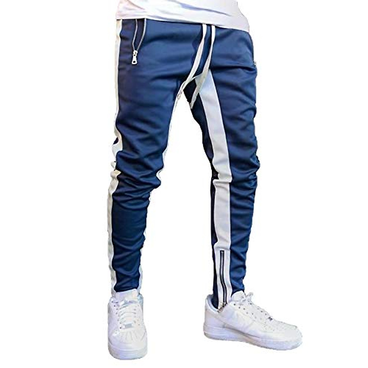Bysan Men Drawstring Sweatpants Jogging Pants with Zipper Pockets for Athletic Workout Gym Running (055-Blue M)