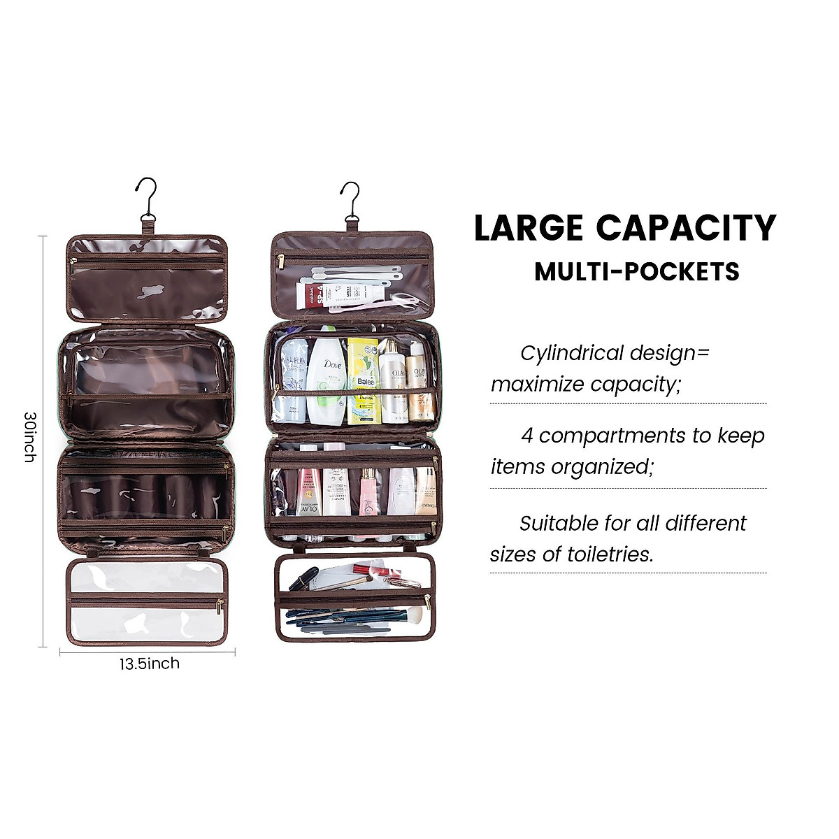 Toiletry travel Bag, Travel Bag with Hanging Hook for women, Makeup Cosmetic Bag, Travel Organizer for Accessories, Full Sized Container, Cosmetic Case for Toiletries Accessories