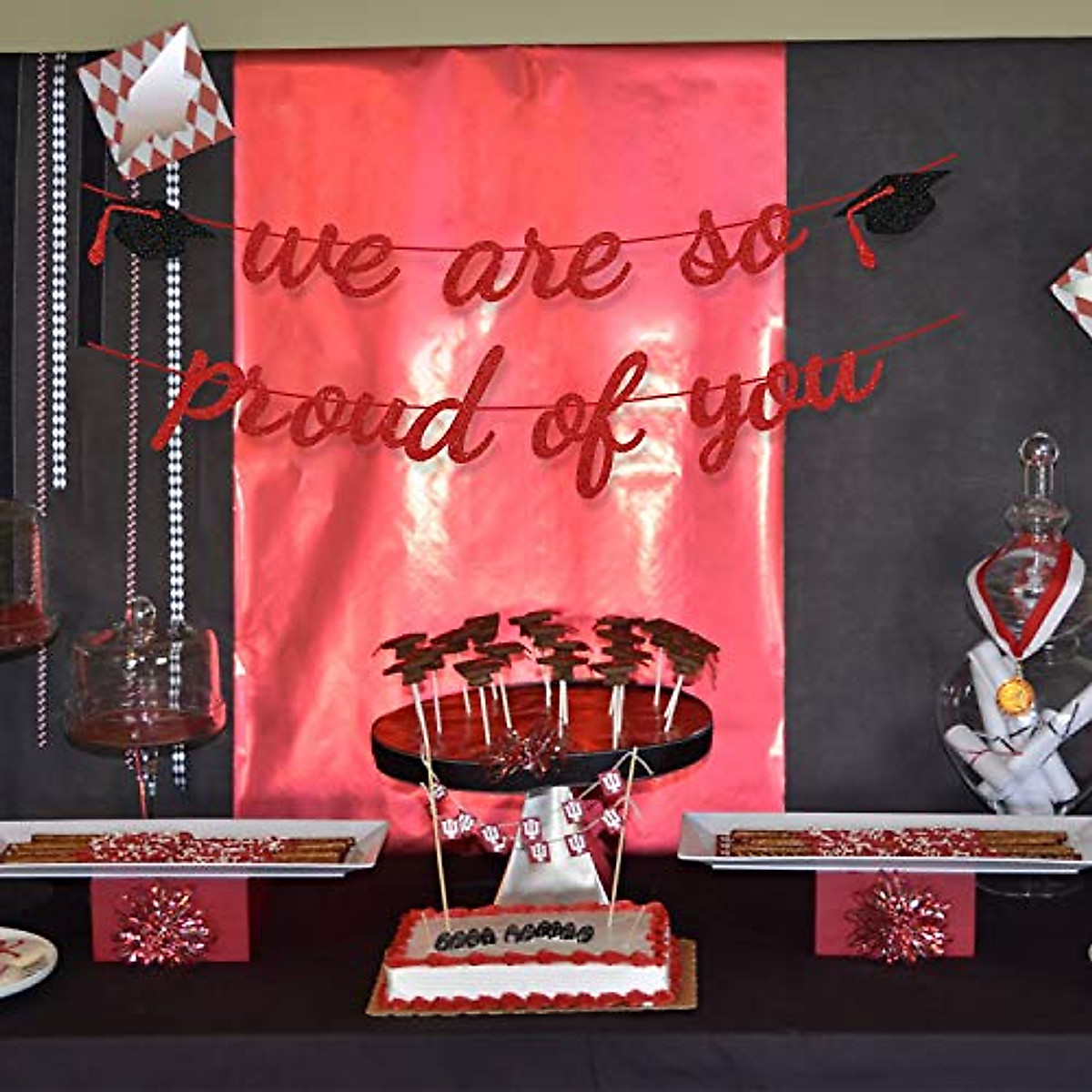 Red We Are So Proud of You Banner Graduation Party Decorations Glitter Hat Garland Class High School College Grad Party Supplies
