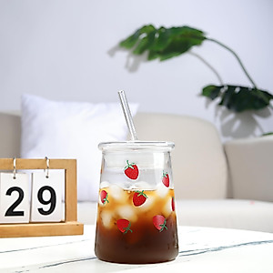 Joeyan Glass Tumbler with Lid and Straw,Iced Coffee Cups with Red Strawberries Pattern,Clear Cute Drinking Jars,Water Juice Beverages Soda Glasses,20 oz