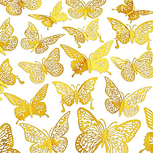 3D Butterfly Wall Decor, 48 Pcs 4 Styles 3 Sizes, Removable Butterfly Wall Stickers Gold Butterflies for Party Cake Decorations Kids Bedroom Nursery Classroom Wedding Decor DIY Gift (Gold)