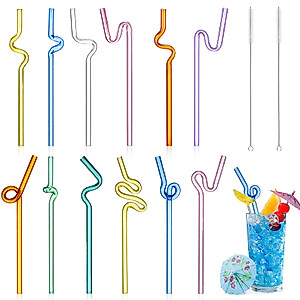 Yinkin 12 Pcs Wavy Glass Straw Curved Reusable Glass Straws Multicolor Clear Silly Straws Tea with 2 Cleaning Brushes for Kids, Drinking, Beverages, Coffee, Smoothies, Juice, Water