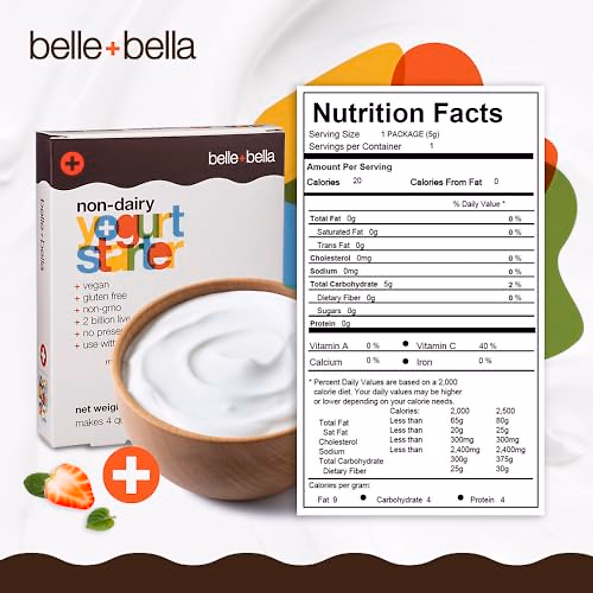 Belle + Bella Non-Dairy Vegan Yogurt Starter - Gluten Free, No Added Sugar, Non GMO - Makes 4 Quarts Vegan Yogurt - 2 Billion Live Cultures - Mix with Any Dairy Free or Dairy Milk - 1 Box