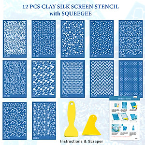 Caydo Silk Screen Stencils for Polymer Clay, 12 PCS Reusable Silkscreen Print with 2 Squeegee, Working with Clay Earrings Cutters for Printing on Clay Earrings Decoration(6 x 3.8 inch)