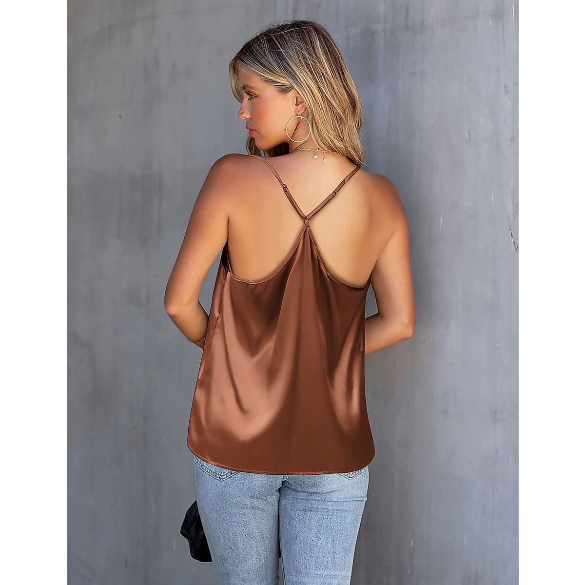 Ekouaer Silk Tank Top for Women Mesh V Neck Satin Camisole Silky Sleeveless Tank Cami Shirt Light Coffee