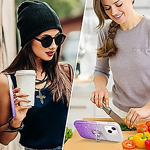 GUAGUA Compatible with iPhone 13 Mini Case 5.4 Inch Glitter Sparkle Bling Cute Cover for Girls Women with Pink Ring Holder Kickstand Shockproof Protective Case for iPhone 13 Mini Gradient Purple