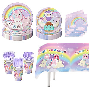 CAILESS Kawaii Squish Birthday Party Supplies, 117Pcs Cute Kitty Animal Party Decoration Include Plates Cups Napkins Cutlery Tablecloth Disposable Set Serves 16 Guests for Kids Birthday Party