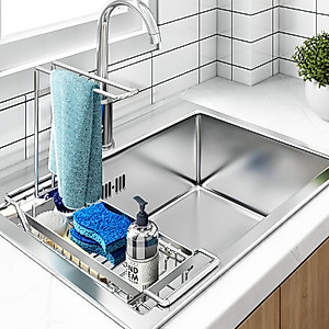 Sponge Holder for Kitchen Sink, Sink Caddy, Expandable (16.7"-21.2") Kitchen Sink Organizer with Dishcloth Towel Holder, Stainless Steel Over Sink Holder