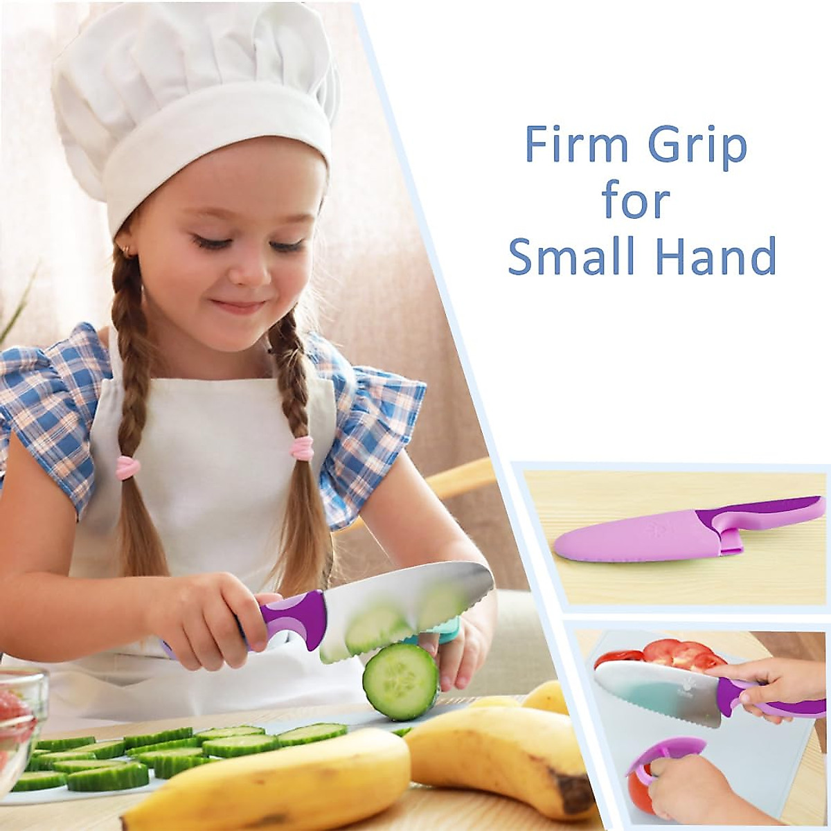 Kids Knife for Real Cooking, Montessori Children's Knife with Firm Grip, Stainless Steel Kids Safety Chef Knife with Finger Guard, Round Tip, Serrated Edges, BPA-Free (Purple)