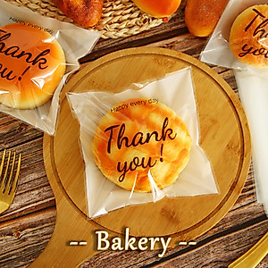 Wocuz Cookie Candy Bags Thank You Printed Cellophane Bags Biscuit Roasting Treat Present DIY Plastic Individual Wrappers Self Adhesive OPP Cookie Bakery Decorating Favor Bags (5.5x5.5 Inch, 200Pcs)