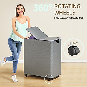 Yecaye 150L Laundry Hamper with Wheels, Rolling Laundry Basket with Lid and 2 Removable Laundry Bag, Large Capacity Clothes Hampers for Laundry, Bedroom, Bathroom, Dorm, Laundry Room, Grey