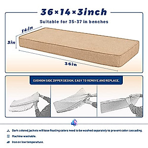 sutailocus Bench Cushion Double Piping Indoor/Outdoor Bench Cushion Bench Cushions for Indoor Furniture, Indoor Window/Piano/Porch Swing Cushion with Adjustable Ties (36x14x3, Khaki)