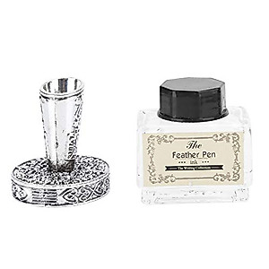 Quill Pen with Carving,Vintage Feather Calligraphy Pen Ink Set with 5 Pen Tip Replacement,Ink Bottle,Handcrafted Feather Pen Gift Box(Grey)