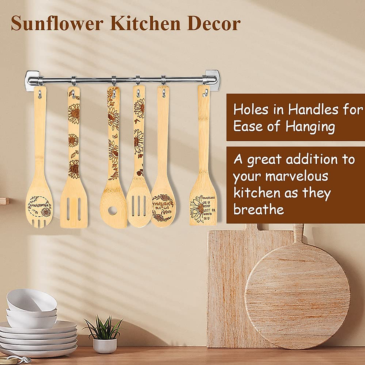 Wooden Spoons for Cooking, 6PCS Sunflower Burned Engraved Bamboo Spoons Set, Sunflower Kitchen Decor and Accessories, Sunflowes Cooking Utensil Gifts Ideas for Housewarming Wedding Birthday Shower