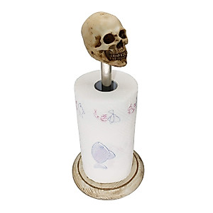 Rustic White Wood Skull Paper Towel Holder Stand Up Paper Towel Holder, Easy One-Handed Tear Kitchen Paper Towel Dispenser with Weighted Base for Standard Paper Towel Rolls ,Rustic White